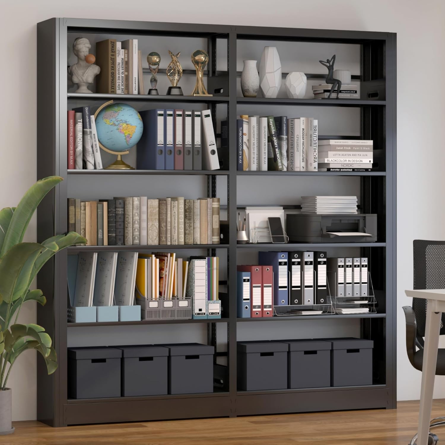 Black Bookcase, 69.3'' Wide 5 Tier Bookshelf, Metal Bookshelves and ...