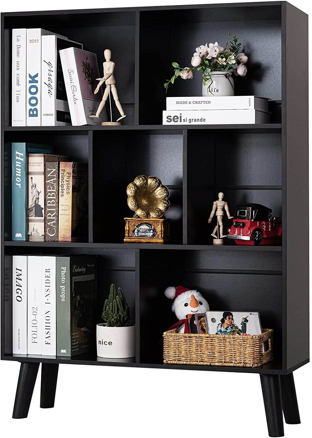 Black Bookshelf,3 Tier Modern Bookcase with Legs,Bookshelves Wood ...