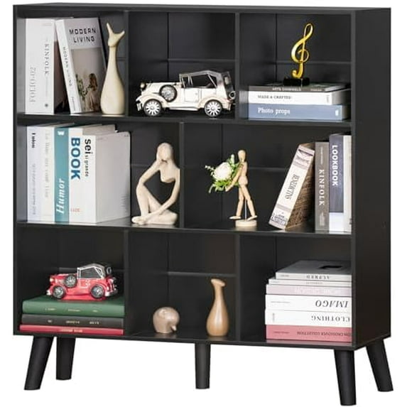 Black Bookshelf,3 Tier Modern Bookcase with Legs,Bookshelves Wood ...