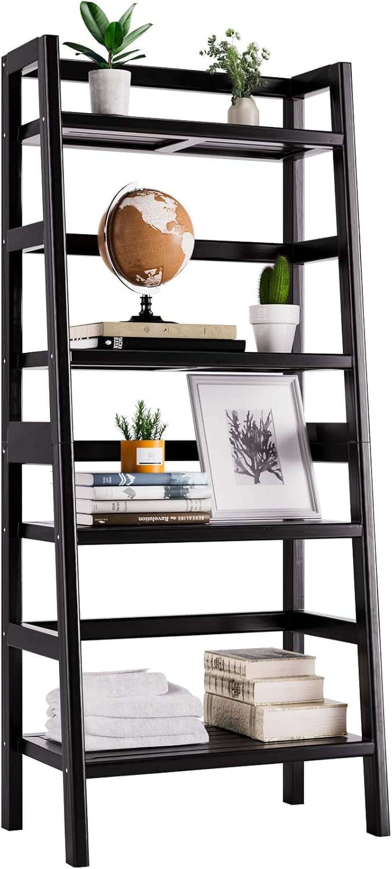 Black Bookshelf, 4-Tier Ladder Shelf, Freestanding Leaning Bookcase ...