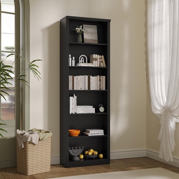 Black Bookshelf, 75" Tall Bookcase, 6 Tier Adjustable Storage Shelves ...