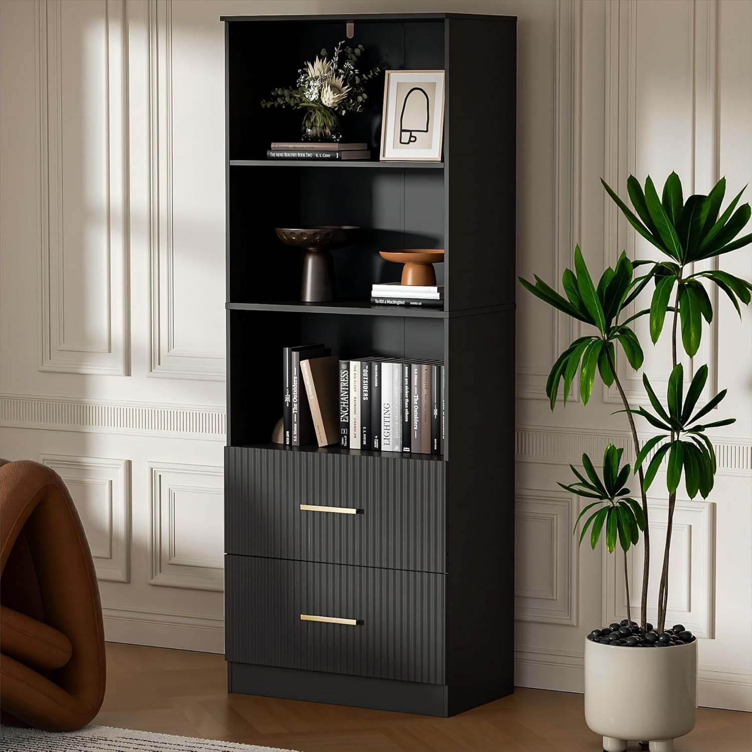 Black Bookshelf with Drawers, 63" Tall Bookshelf with Storage, 3 Shelf ...