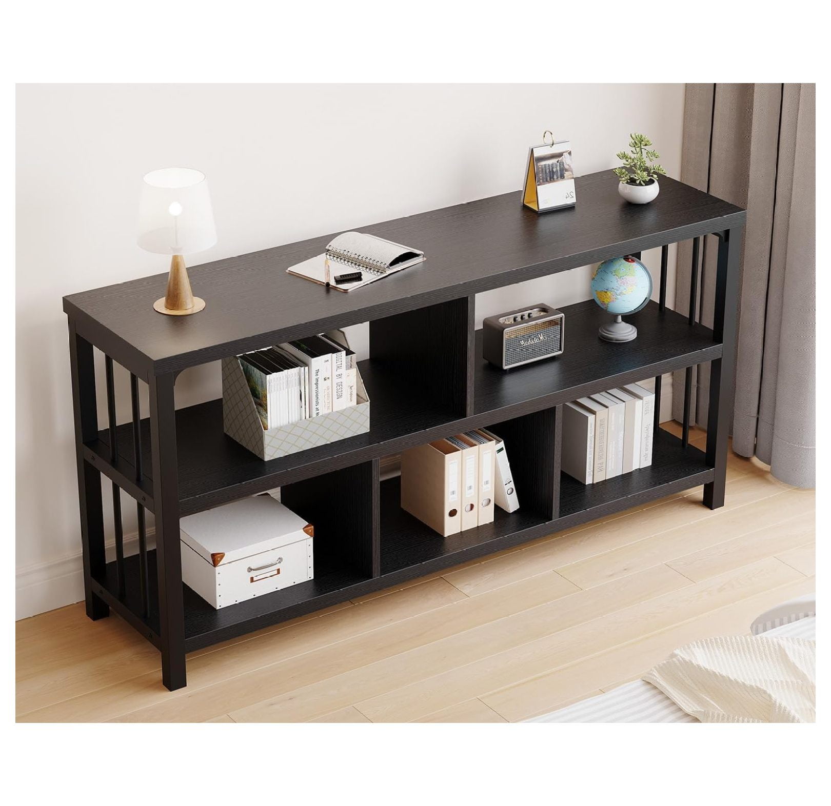 Black Bookshelf, Industrial 55“ Open Horizontal Cube Book Shelf, Low ...
