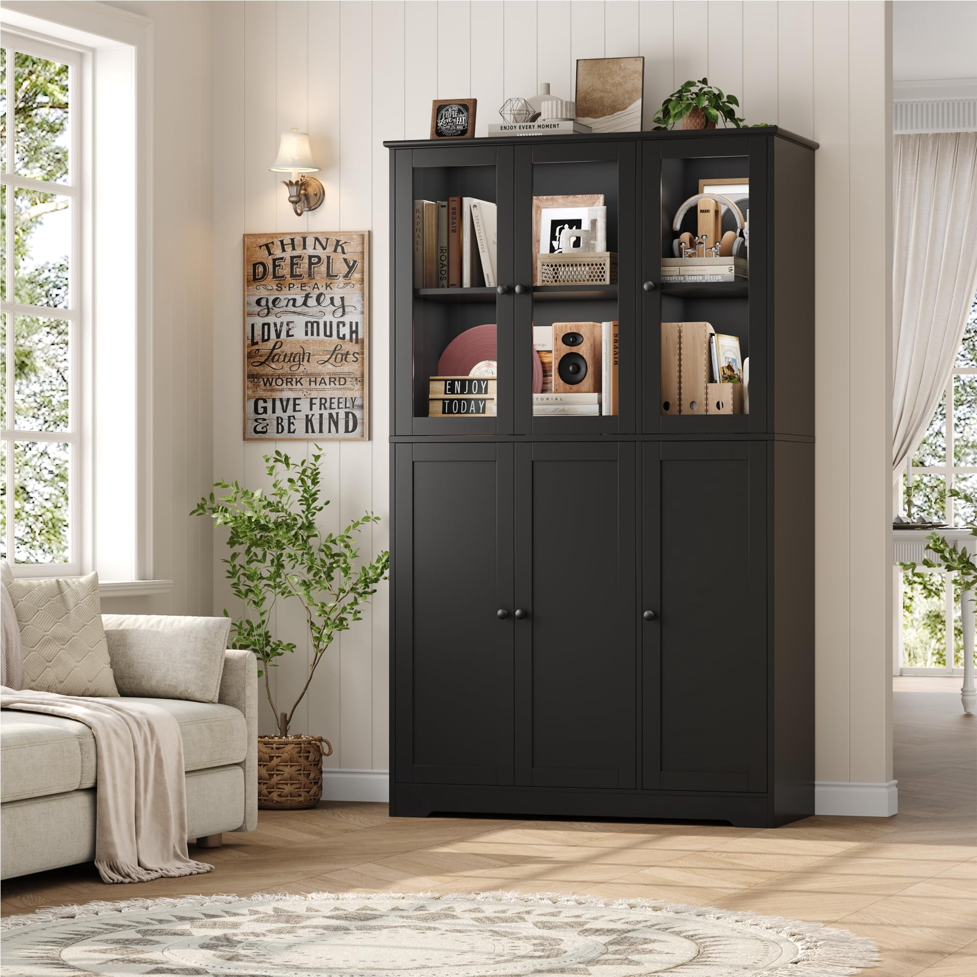 Black Bookshelf with Glass Doors and Storage Cabinet, 69 Inch Tall ...