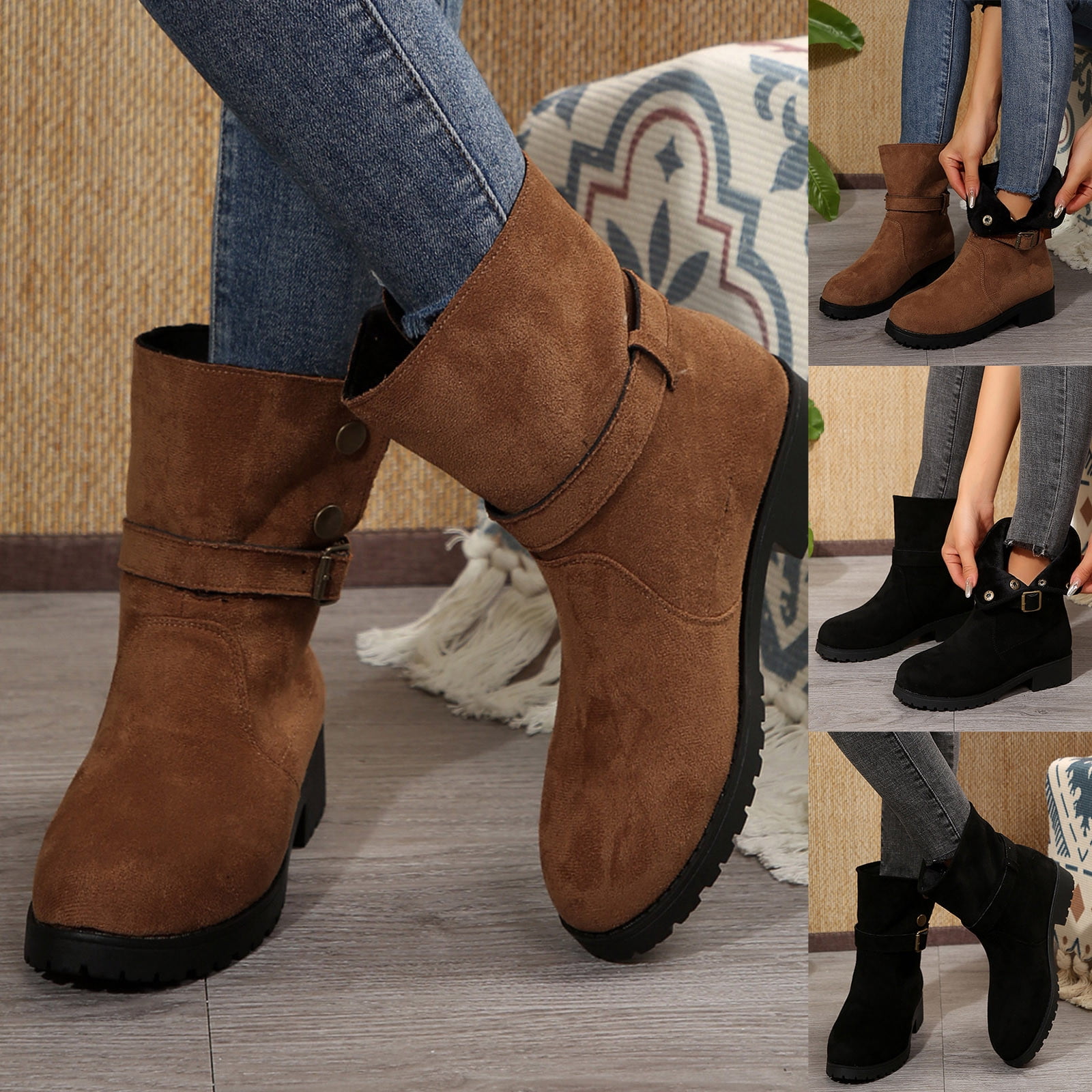 Black Booties TKYCMSUAKI Slouchy Flat Boots for Women Pull On Width ...