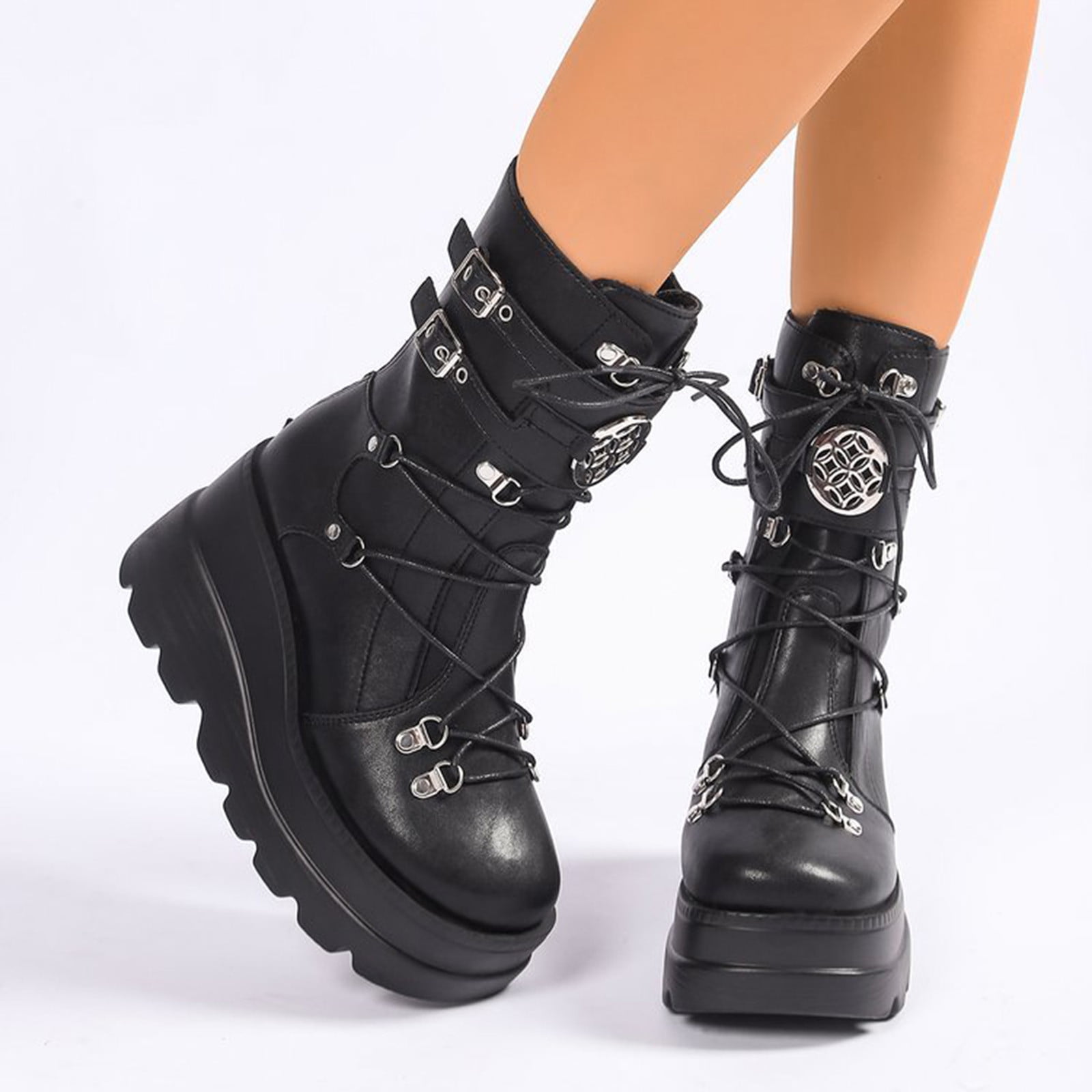 Black Booties TKYCMSUAKI Women Combat Boots Ankle Booties Round Toe ...