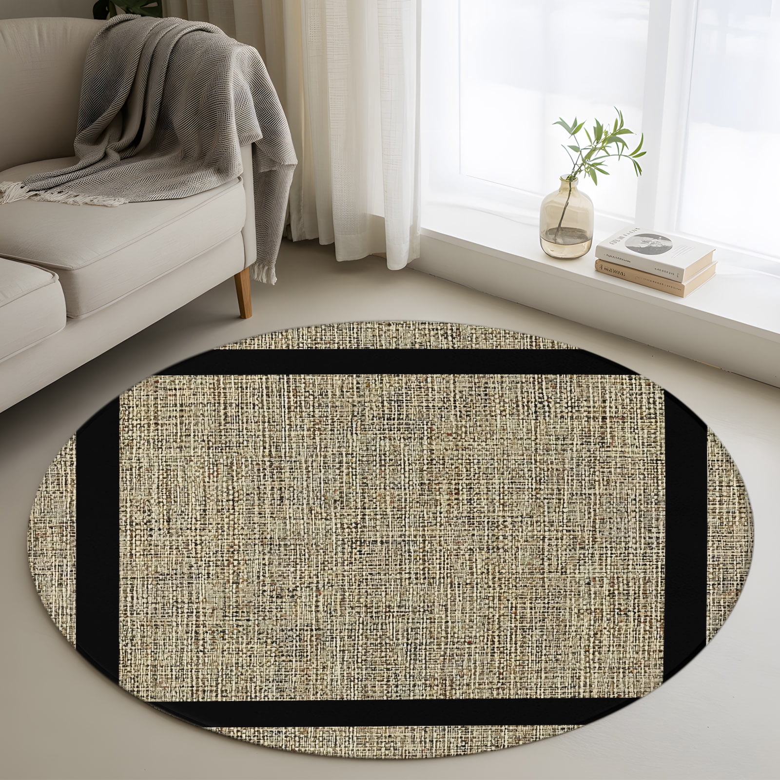 Black Border 4FT Round Area Rug Farmhouse Burlap Weave Texture Beige ...