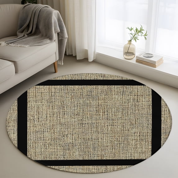Black Border 4FT Round Area Rug Farmhouse Burlap Weave Texture Beige ...