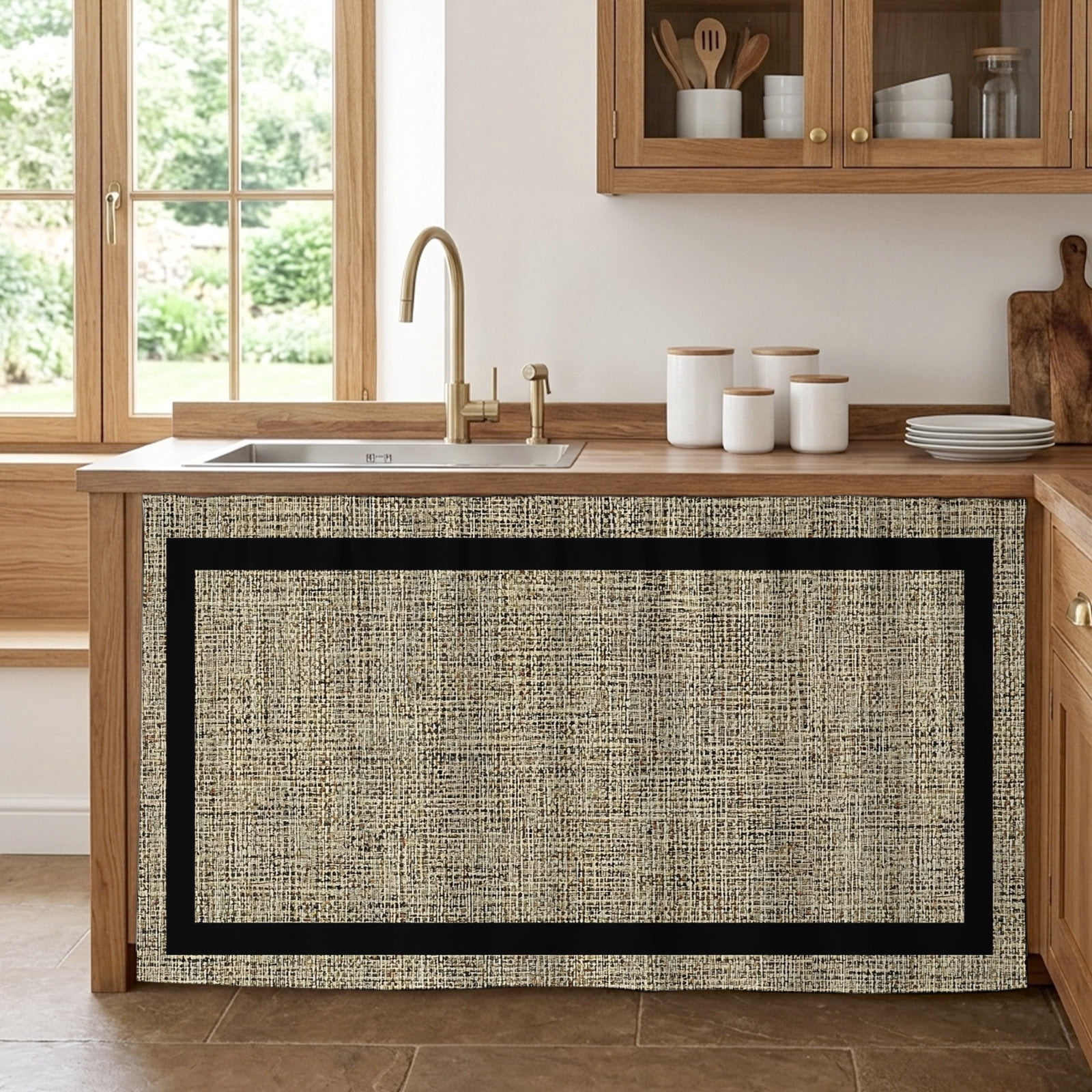 Black Border Cabinet Curtains for Kitchen 28"W x 51"L, Farmhouse Burlap ...