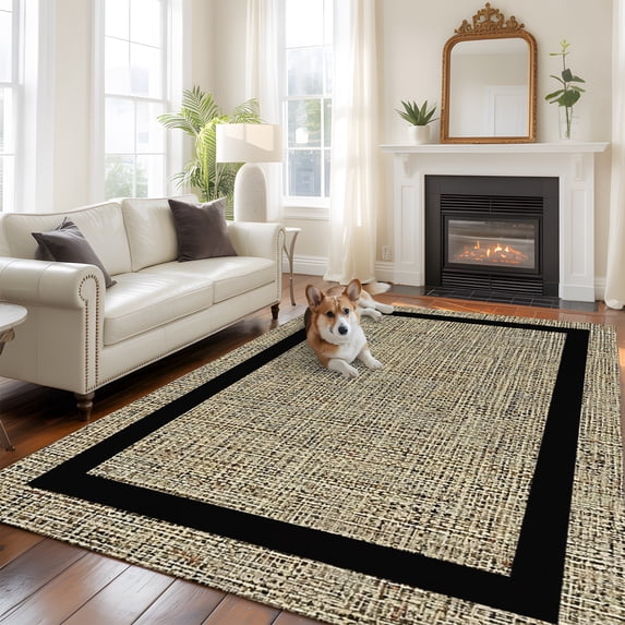Black Border Washable Area Rug 5x7 Farmhouse Burlap Weave Texture Beige ...