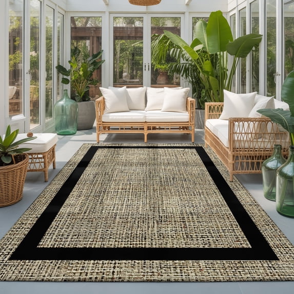 Black Border Washable Area Rugs 3'x5', Farmhouse Burlap Weave Texture ...
