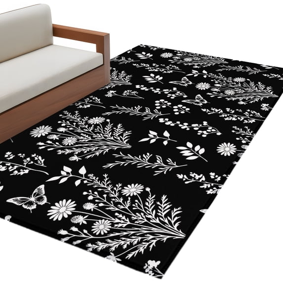 Black Botanical Area Rug 4x6 Washable Rug Non Slip Spring Summer Chic ...