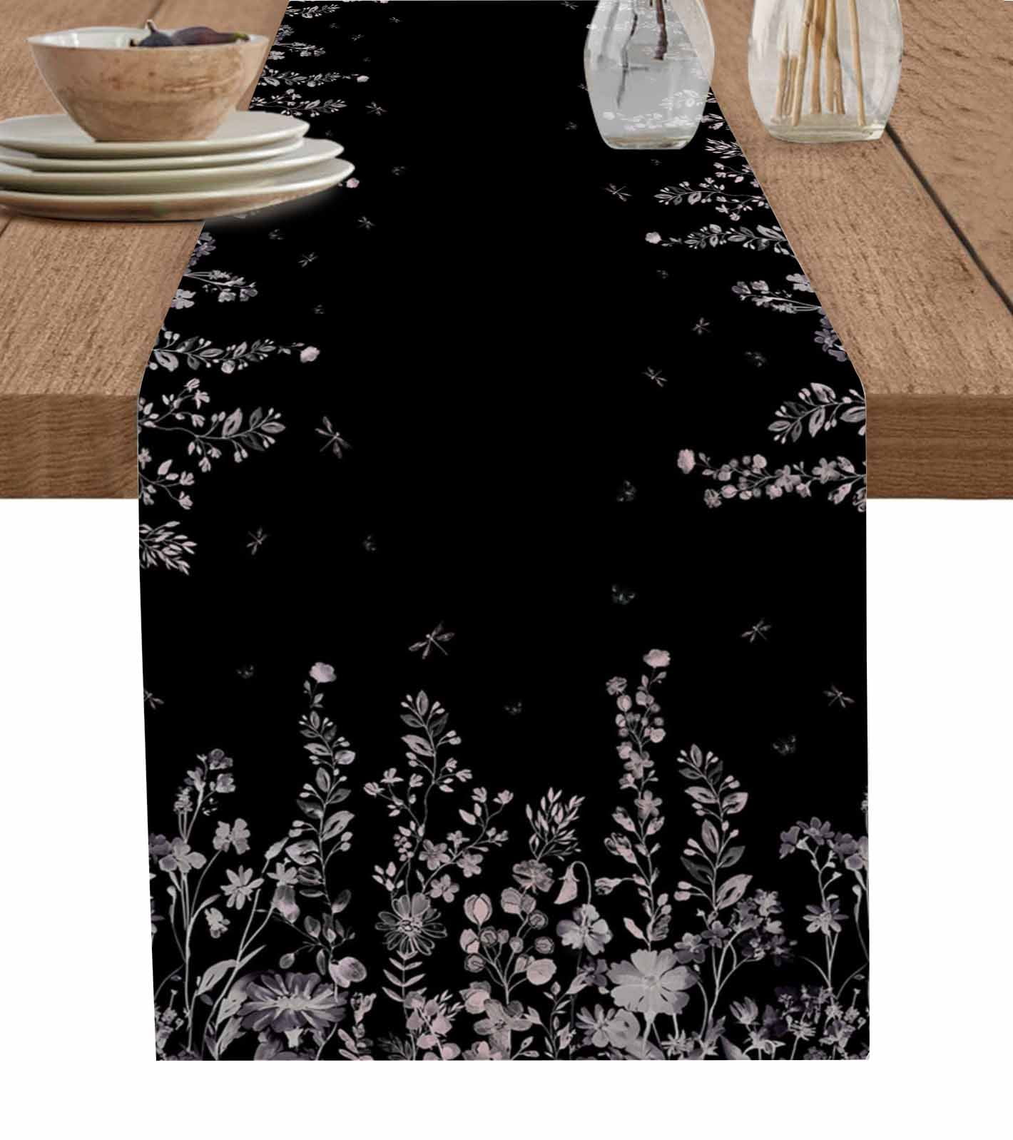 Black Botanical Burlap Cotton Table Runner 13x48 Inches Long, Dragonfly ...