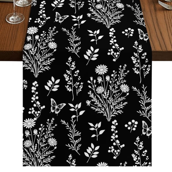 Black Botanical Burlap Cotton Table Runner 13x48 Inches Long, Spring ...