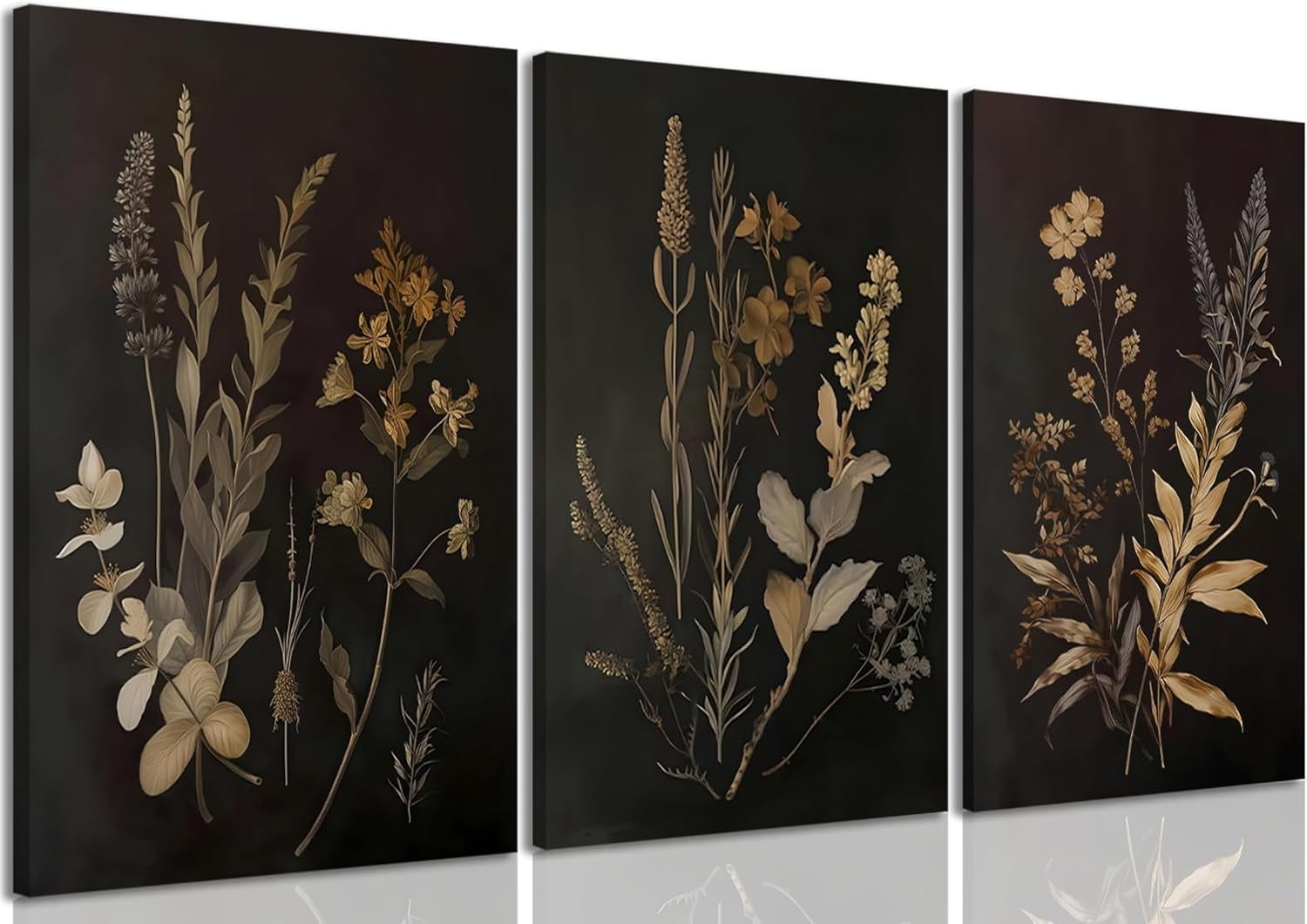 Black Botanical Canvas Wall Art Set of 3 Vintage Floral Art Moody Flower Wall Decor Dark ...