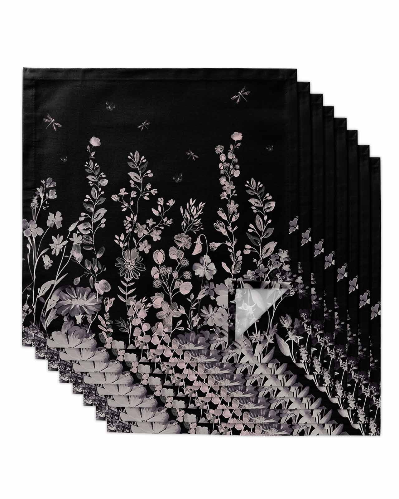 Black Botanical Cloth Napkins Set of 8 Reusable Dinner Napkins ...