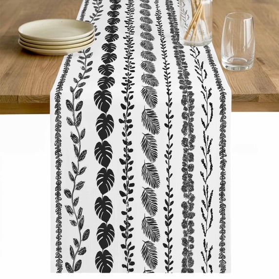 Black Botanical Cotton Linen Rectangle Table Runners 13"x70", Summer ...