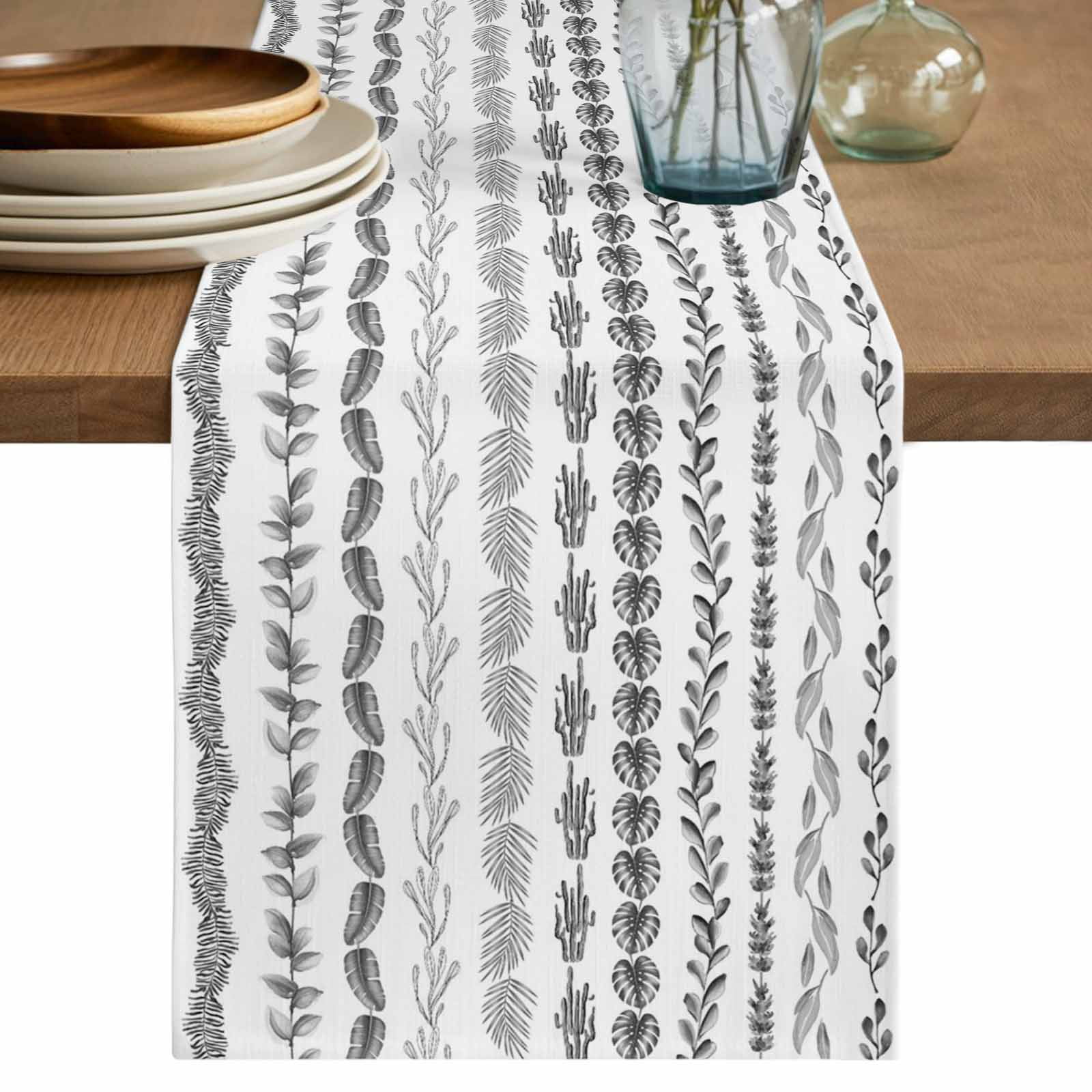 Black Botanical Cotton Linen Table Runner for Dining Kitchen, Modern ...