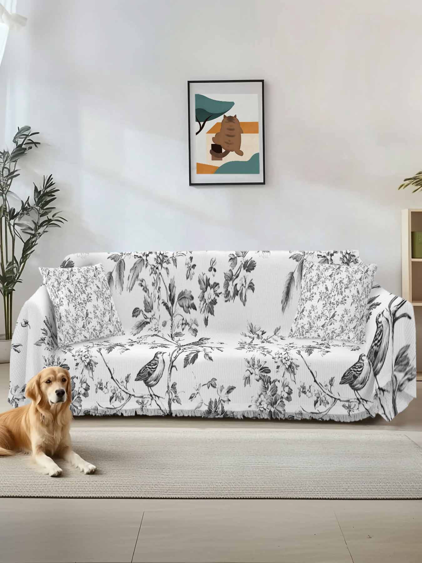 Black Botanical Couch Cover for Dogs, Watercolor Birds Summer Spring ...