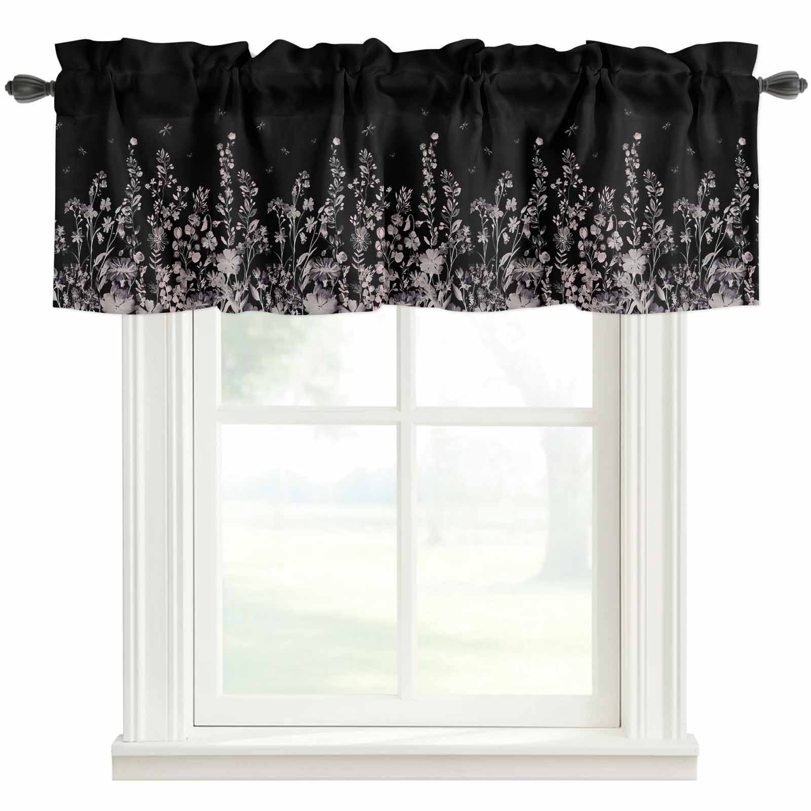 Black Botanical Farmhouse Short Window Curtain Valances, Dragonfly ...