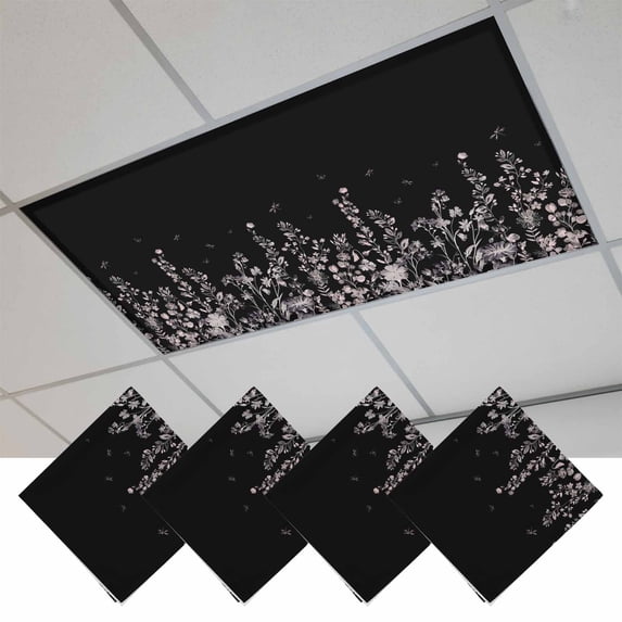 Black Botanical Fluorescent Light Covers, Dragonfly Flower Leaf Retro ...