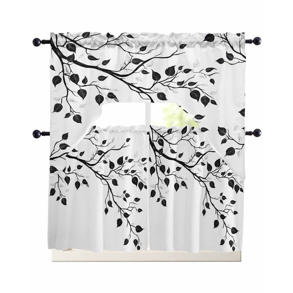 Black Botanical Kitchen Curtains Set for Windows 3 Piece Cafe Curtains ...