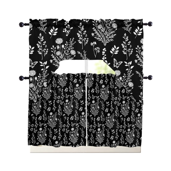 Black Botanical Kitchen Curtains Sets for Windows 3 Piece, Spring ...