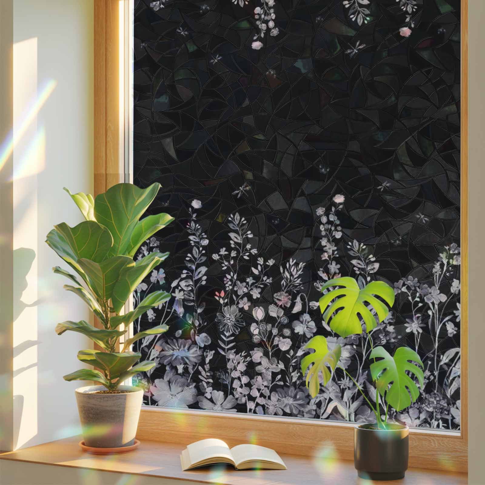 Black Botanical Privacy Window Film, Decorative Stained Glass Window ...