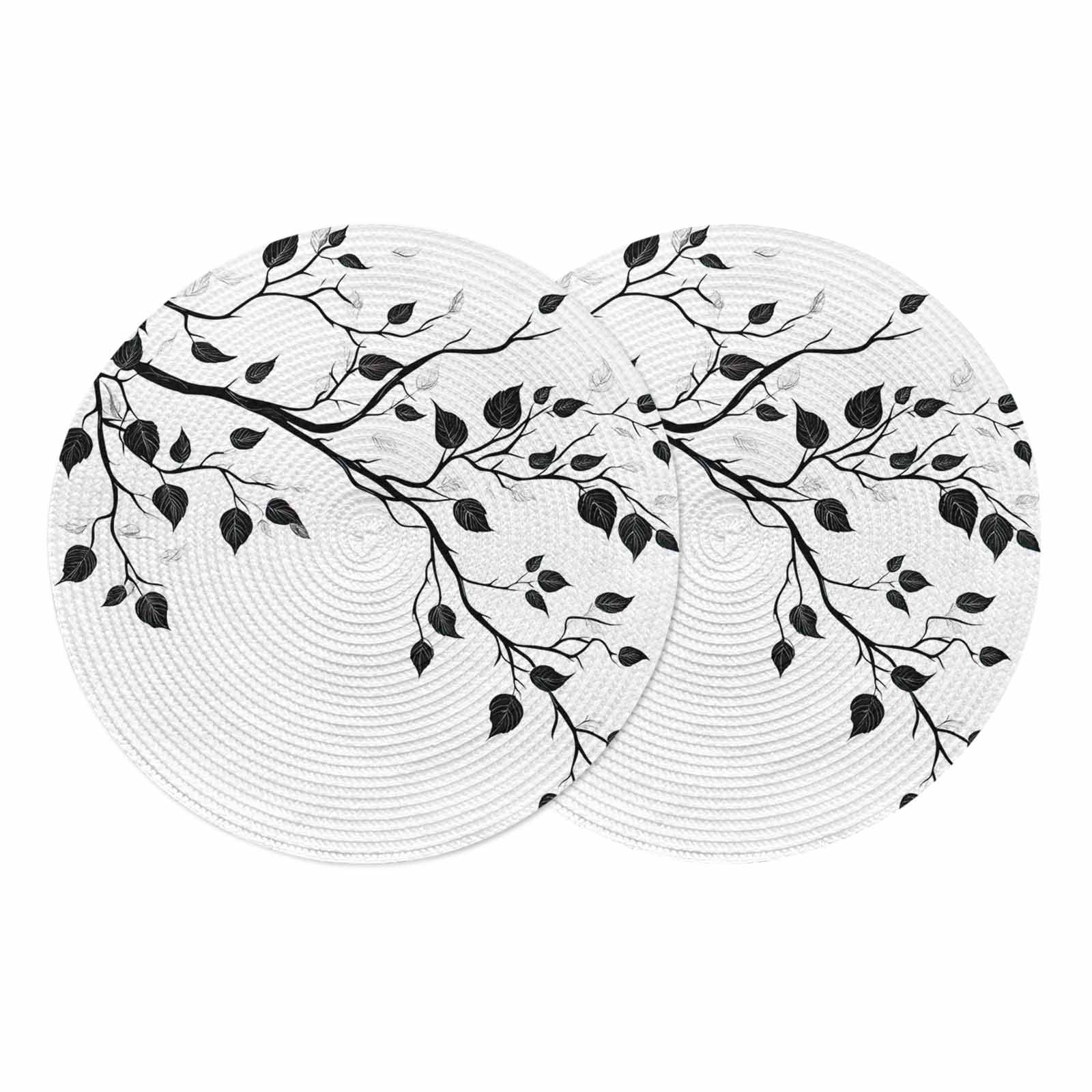 Black Botanical Round Placemats Set of 2, Braided Polypropylene Place ...