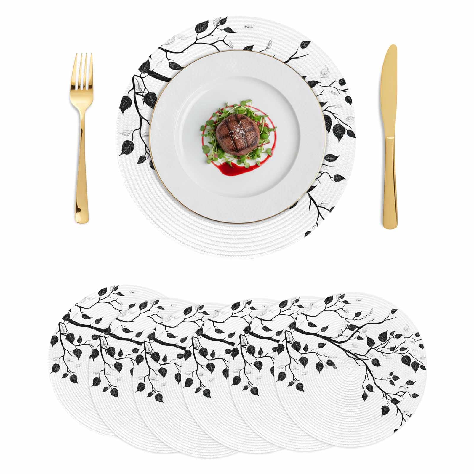 Black Botanical Round Placemats Set of 6, Braided Polypropylene Place ...