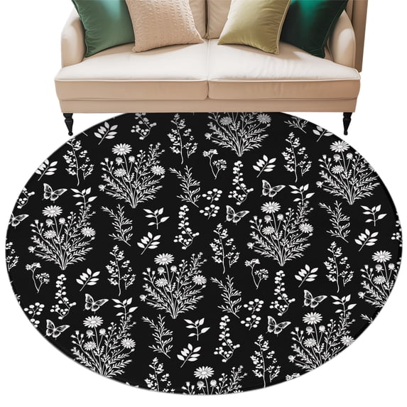 Black Botanical Round Rug 7ft Washable Circle Rugs Non Slip Spring ...