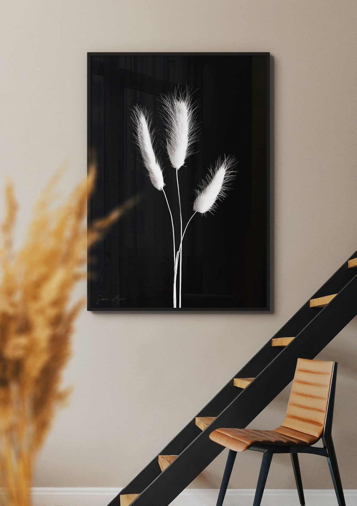 Black Botanical Rustic Bunny Tails Wall Art, Unframed Paper Poster ...