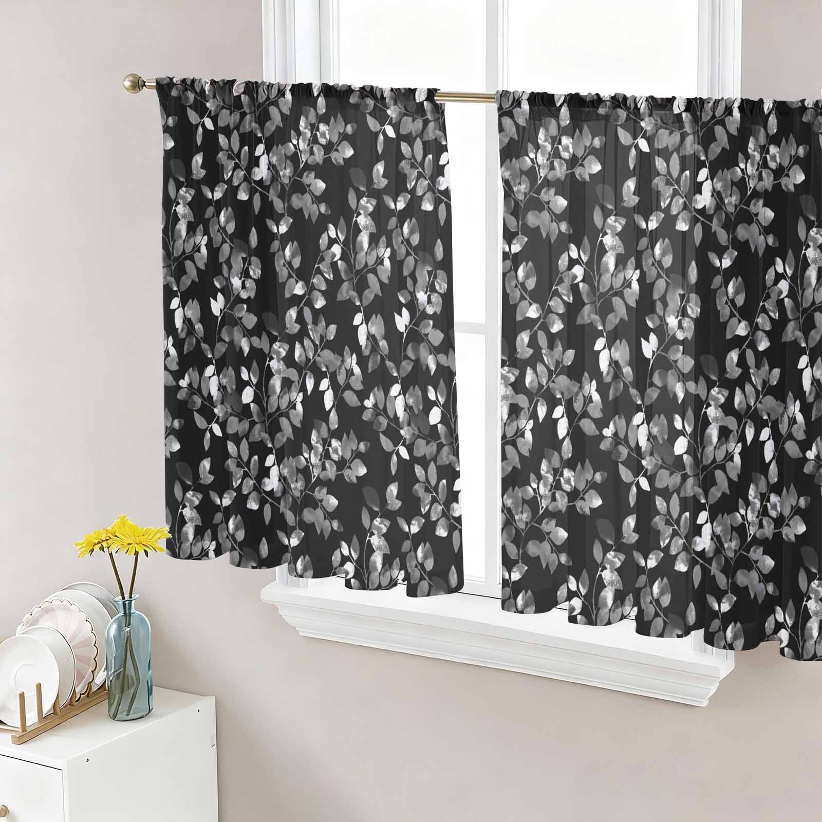 Black Botanical Semi Sheer Curtains 54 Inch Length 2 Panels Set ...