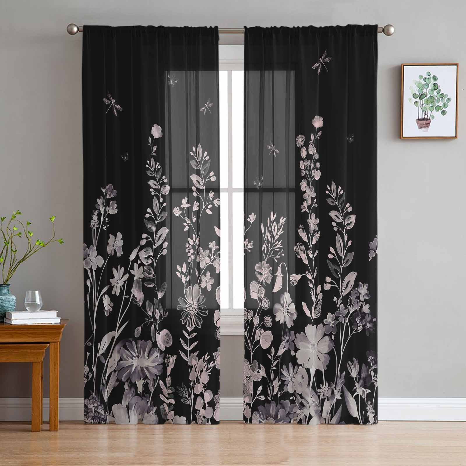 Black Botanical Sheer Curtains 96 Inches Long 2 Panels Set, Window ...