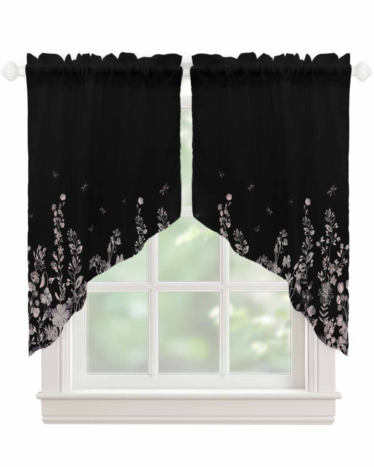 Black Botanical Swag Valances for Windows, Dragonfly Flower Leaf Retro ...