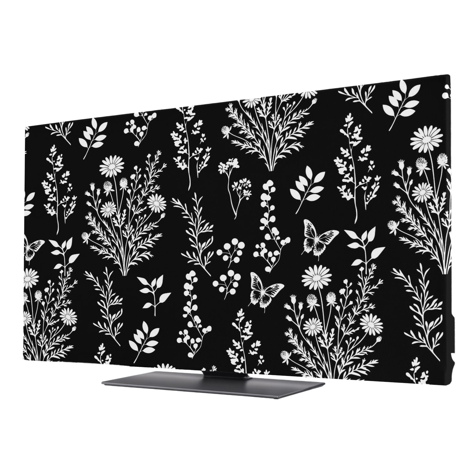 Black Botanical TV Cover for 24 Inch Screen, Stretch Fabric Dustproof ...