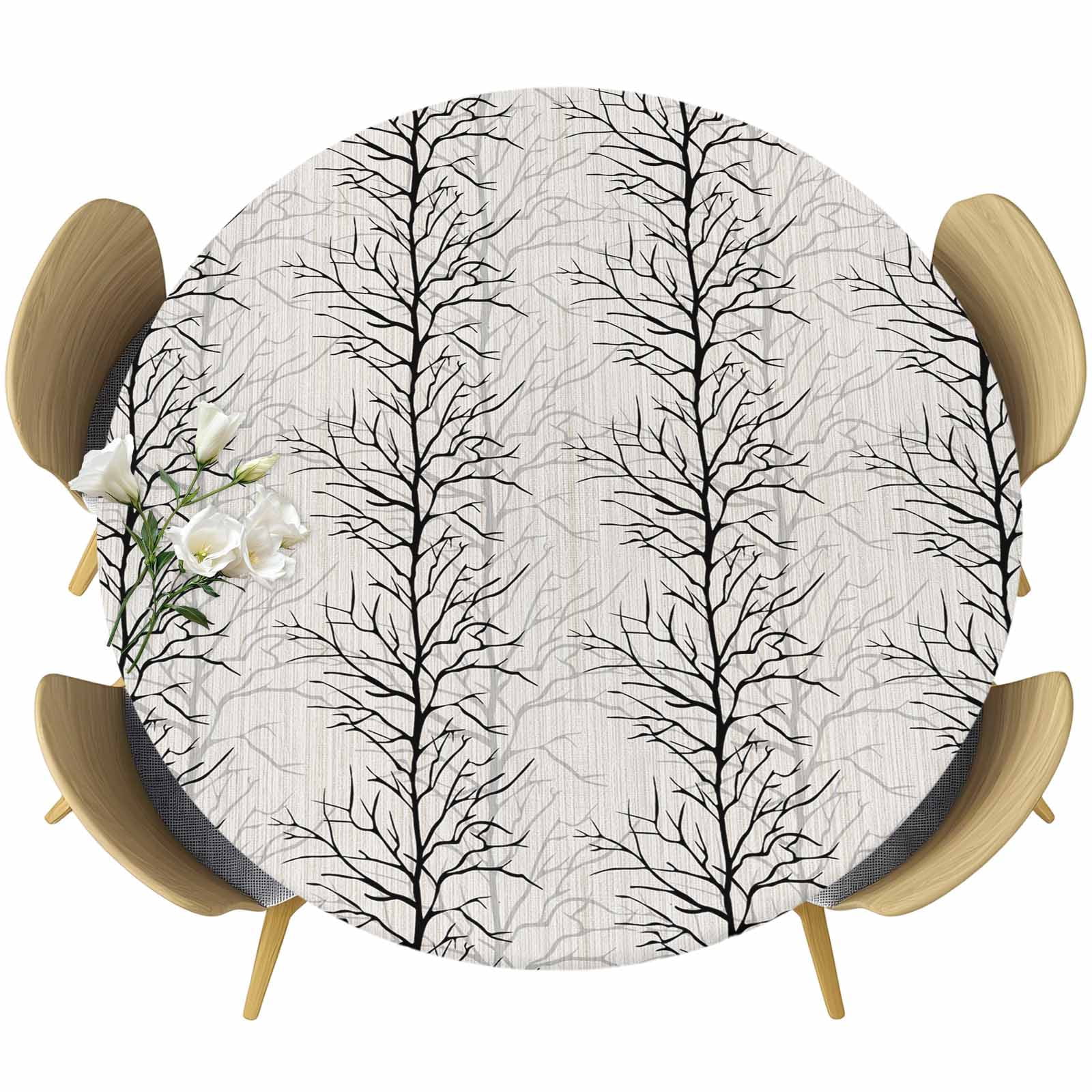 Black Botanical Table Cloth, Round Fitted Tablecloths with Elastic Edge ...