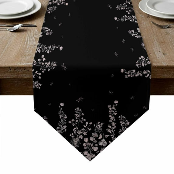 Black Botanical Table Runner Linen Burlap Table Runner 108 Inches Long ...