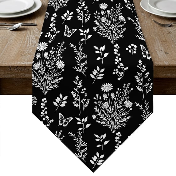 Black Botanical Table Runner Linen Burlap Table Runner 108 Inches Long ...