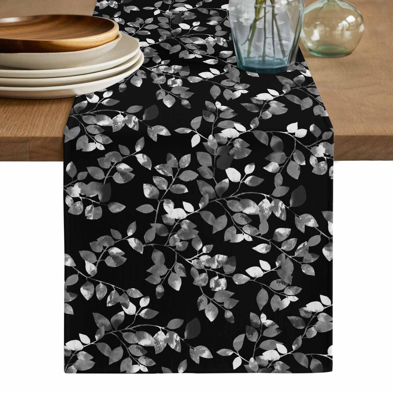 Black Botanical Table Runner, Pastoral Spring Floral Classic Black ...