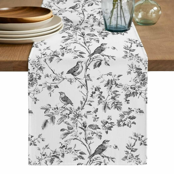 Black Botanical Table Runner, Watercolor Birds Summer Spring Washable ...