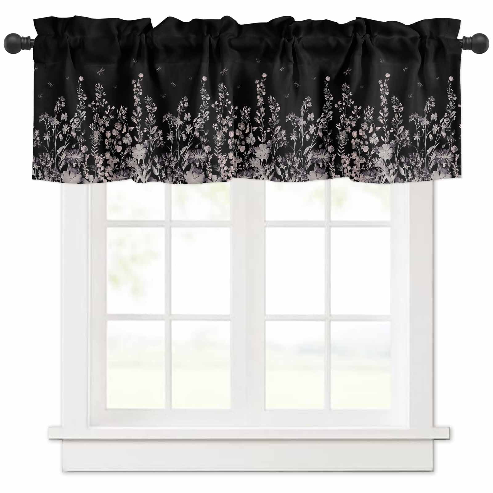 Black Botanical Valances for Windows Farmhouse Kitchen Curtains ...