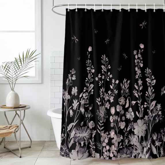 Black Botanical Waterproof Fabric Shower Curtain,Dragonfly Flower Leaf ...
