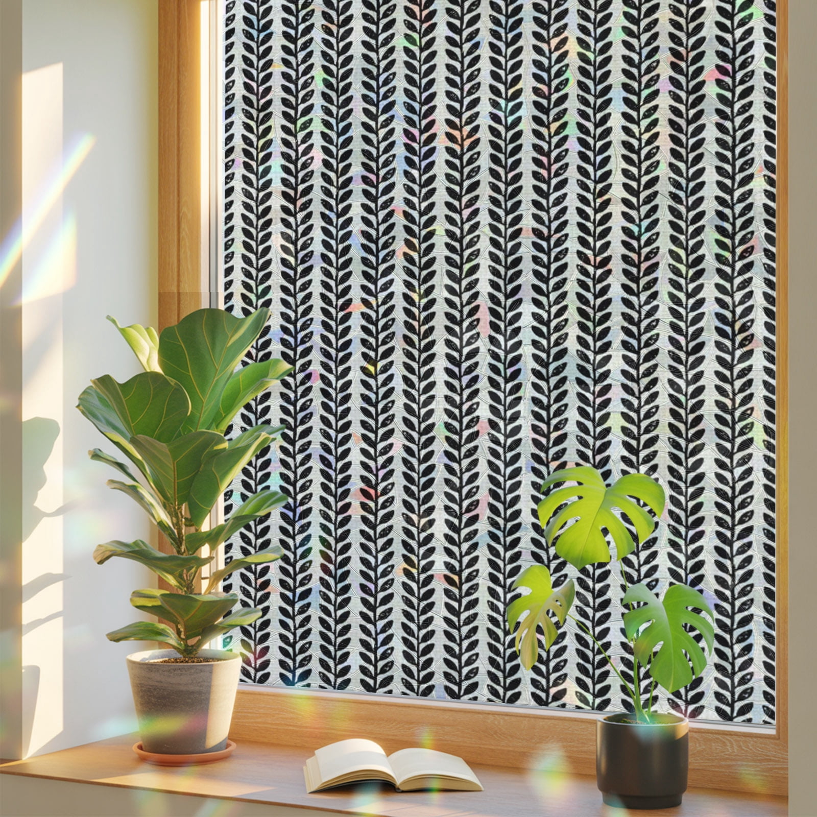 Black Botanical Window Privacy Film Rainbow Static Cling Stain Glass ...