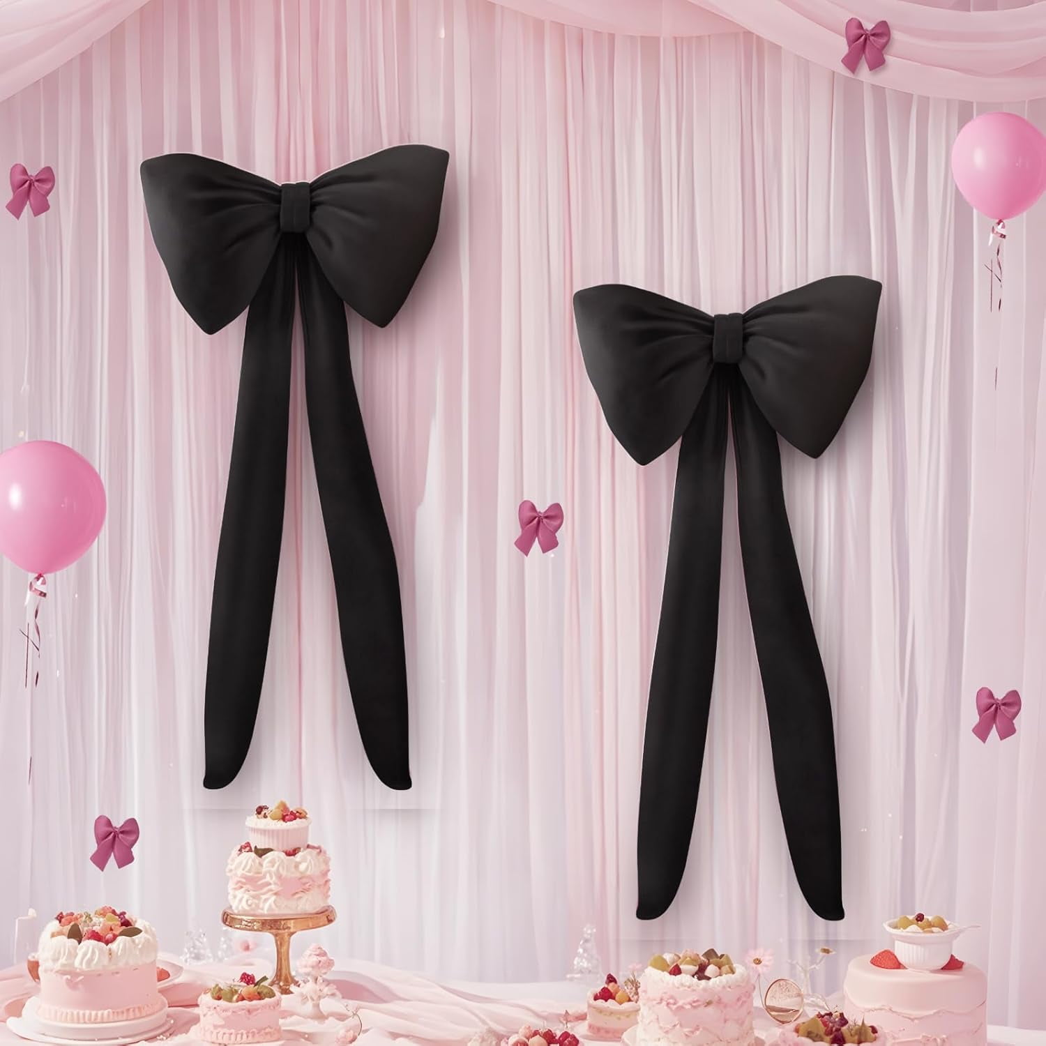Black Bow Birthday Decorations Coquette Party Backdrop 2 Pcs Big Bow ...