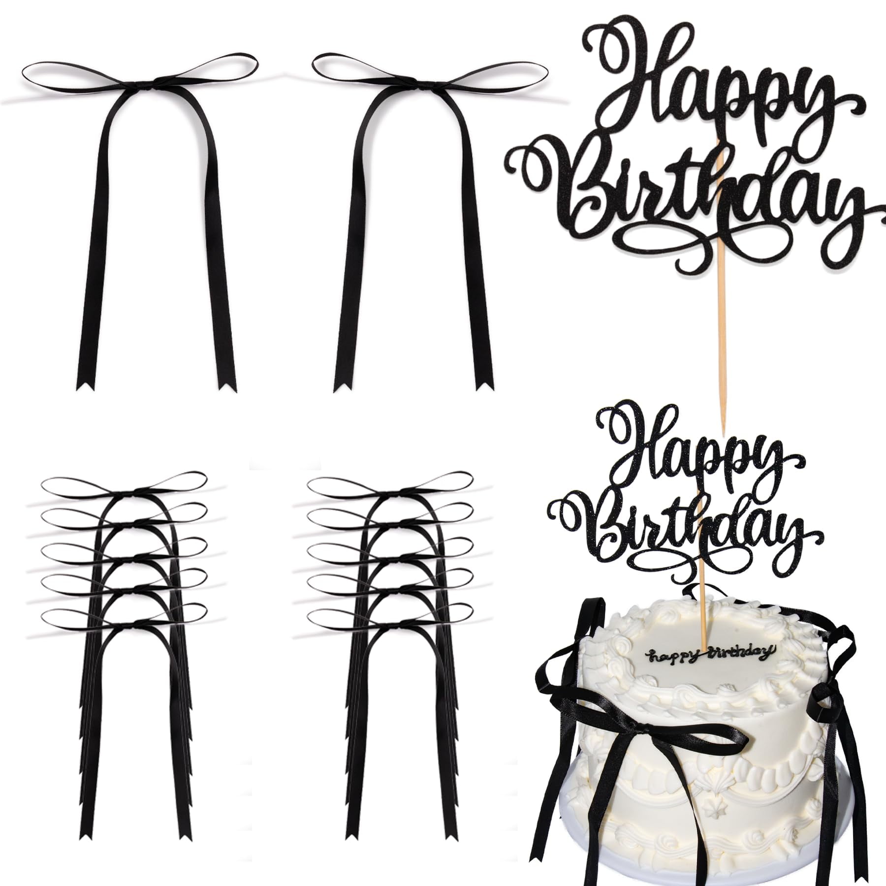 Black Bow Cake Toppers 11Pcs Ribbon Twist KMC2Tie Bows Cupcake Toppers ...