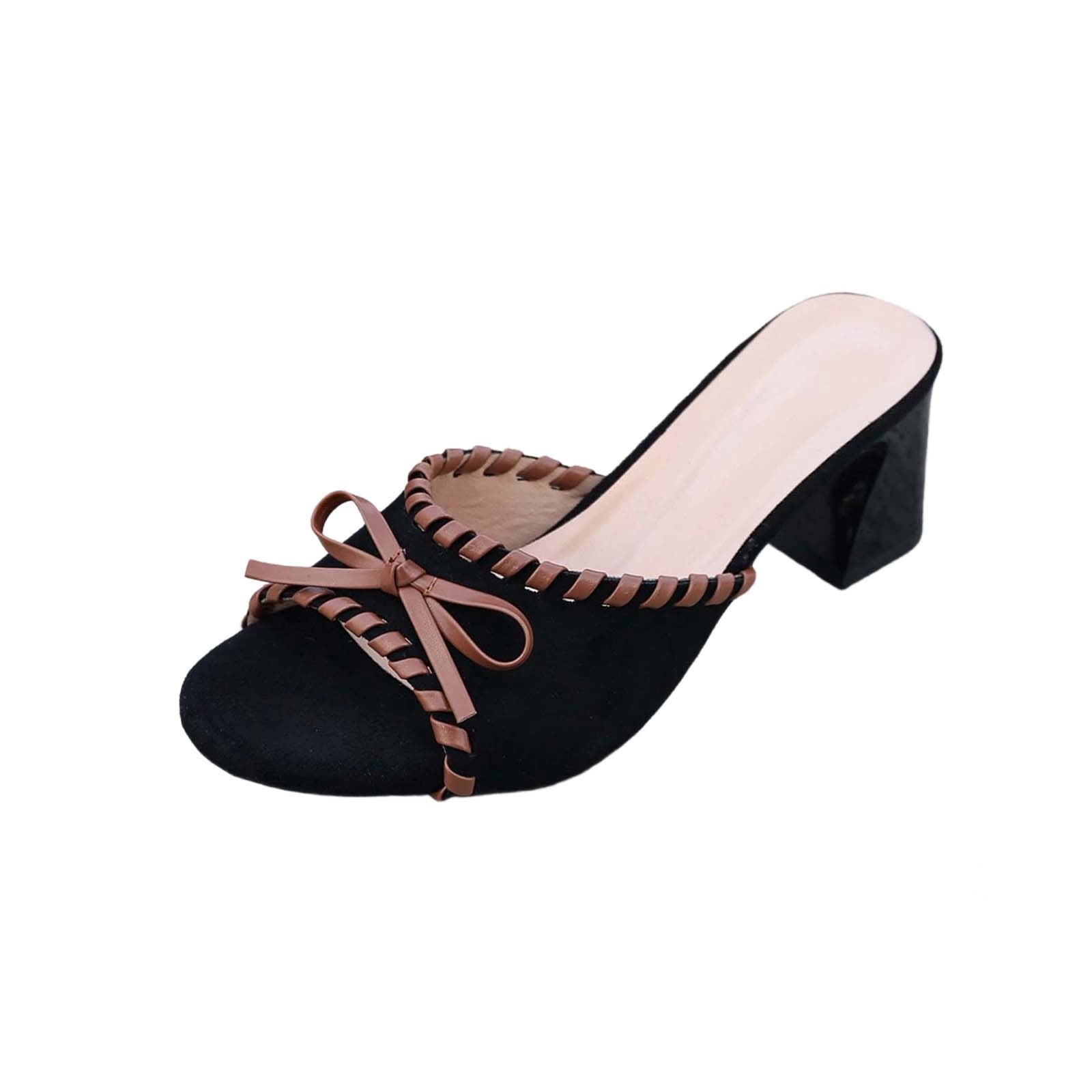 Black Bow Embellished Open Toe Slippers With Round Toe And Thick Heel ...