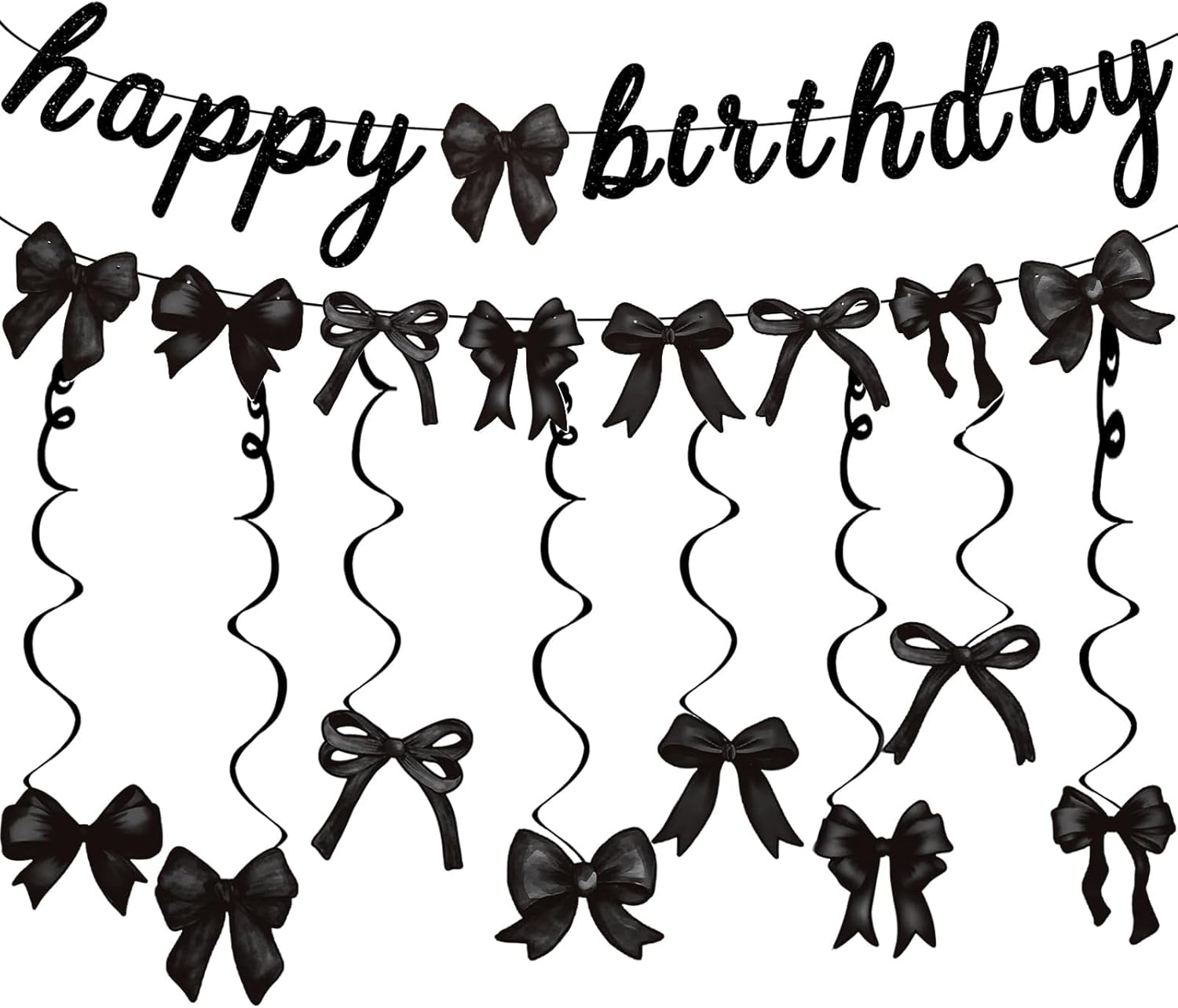 Black Bow Happy Birthday Banner Garland and Hanging Swirls for Girl ...