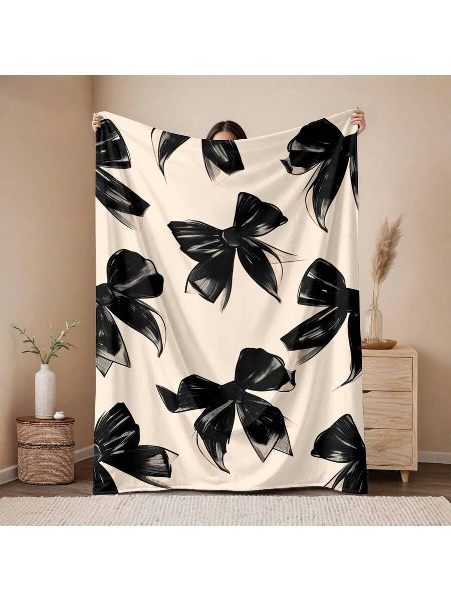 Black Bow Pattern Flannel Blanket - Soft Beige & Black Bedspread with ...