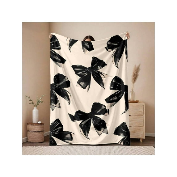 Black Bow Pattern Flannel Blanket - Soft Beige & Black Bedspread with ...